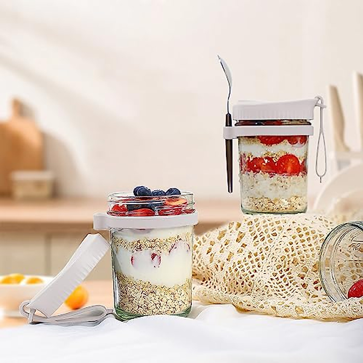 SMARCH Newest Overnight Oats Container with Lid and Spoon, 16 oz Glass Mason Jars with Lid, Upgrade Airtight Wide Mouth Oatmeal Jars for Meal Prep,Candy,Milk,Cereal,Fruit,Overnight Oats On The Go Container (White)