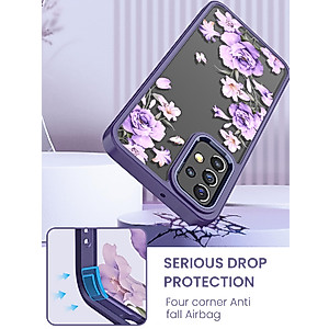 Dretal for Samsung A23 4G/ 5G Case, Galaxy A23 Case Tempered Glass Screen Protector,Military Grade Drop Tested Hard Back & Soft Edge Slim Flower Women Girls Phone Protective Cover(Deep Purple)