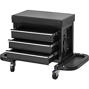 Torin APD2018B Rolling Tool Chest/Tool Box with 3 Drawers and Wheels, Padded Mechanic Stool Creeper Seat, Black