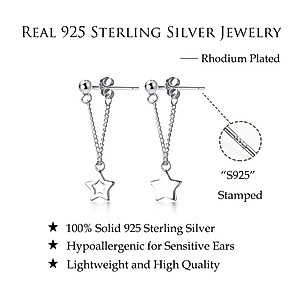 Reffeer Solid 925 Sterling Silver Star Chain Drop Earrings Dangle for Women Small Star Drop Earrings Studs (A-Silver)