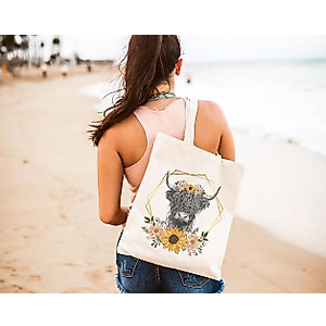 GXVUIS Highland Cow Canvas Tote Bag for Women Aesthetic Floral Reusable Grocery Shoulder Shopping Bags Gifts for Girls White