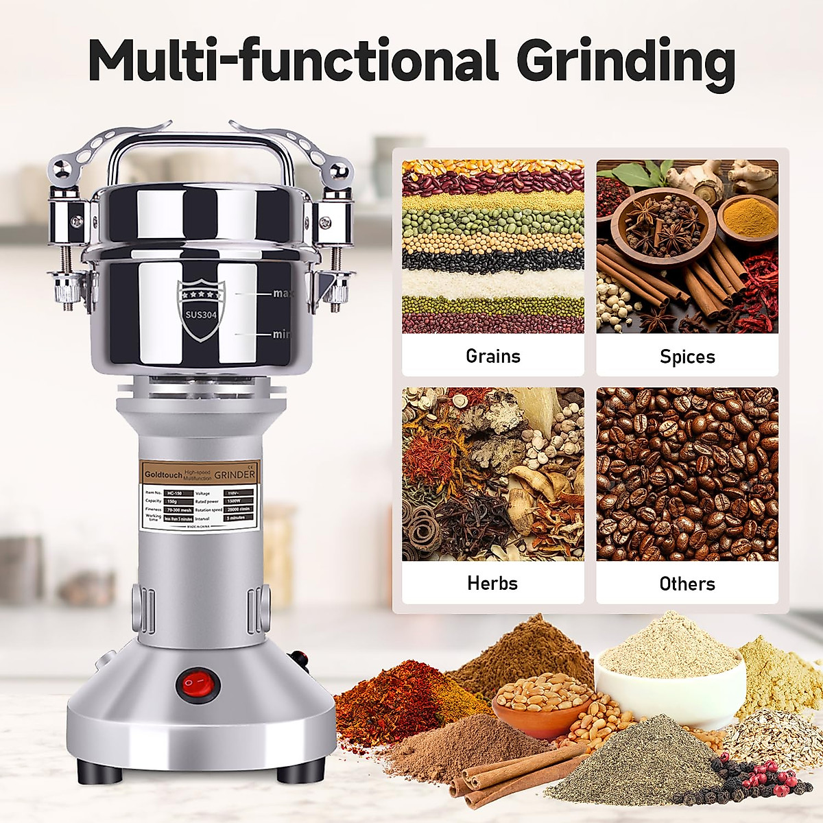 Goldtouch 150g Grain Mill Grinder 1500W Electric Stainless Steel Grain Grinder High-Speed Pulverizer Powder Machine for Dry Wheat, Oats, Corn, Pepper and Coffee Beans (150g Stand Type)