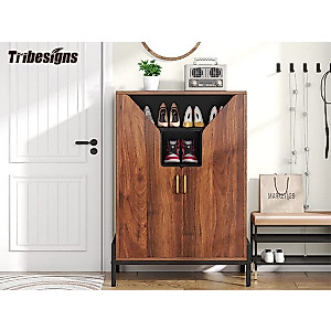 Tribesigns Shoe Cabinet, 7-Tier Large Shoe Storage Cabinets for Entryway 23 Pairs Shoes Cabinet with 3 Display Case and Adjustable Partition, Rustic Brown