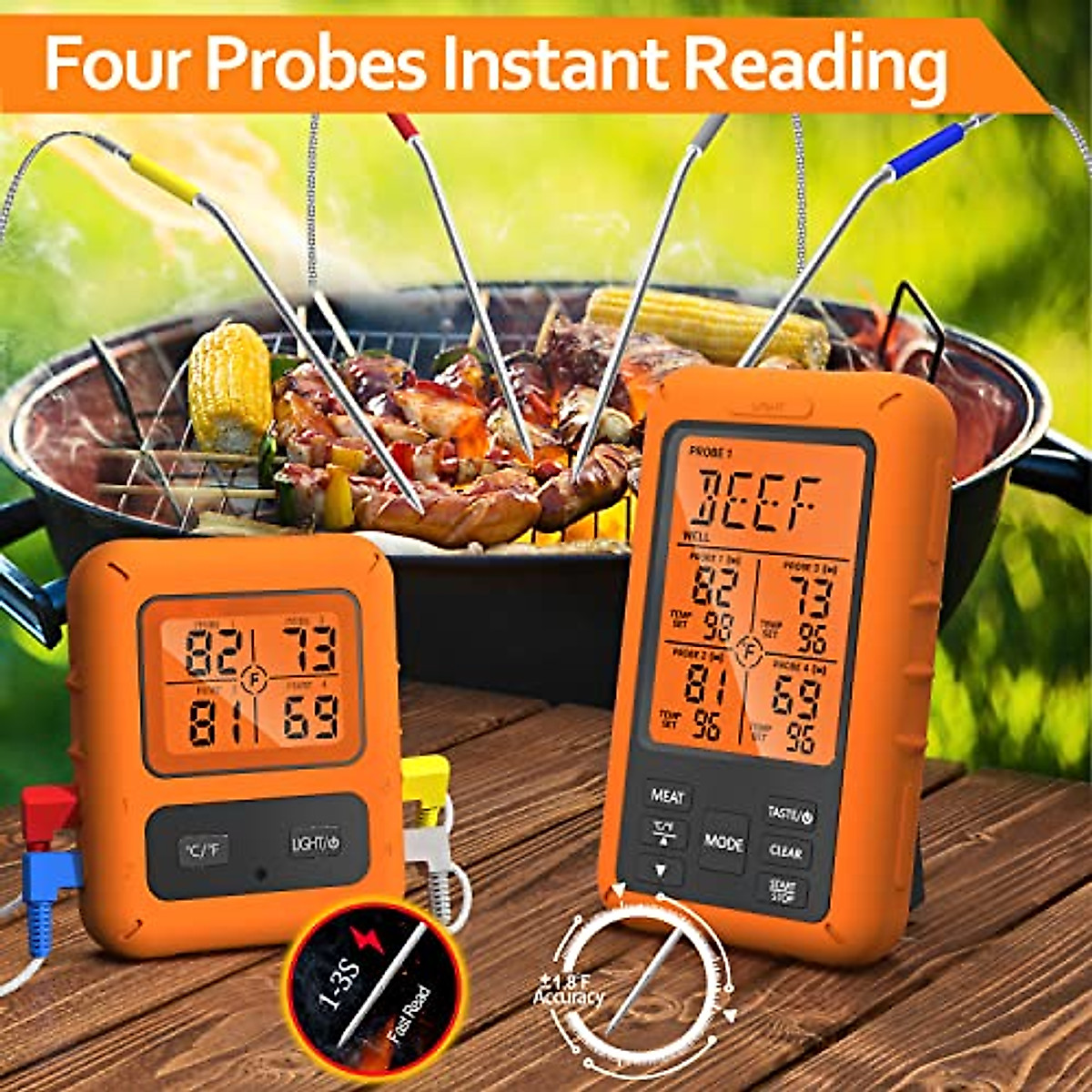ingstek Wireless Meat Thermometer, Backlight Timer and Temp Alarm Function with 4 Probes Grill Thermometer, 400ft Remote Monitor, for Cooking, BBQ and Smoker