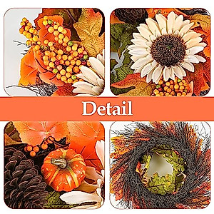 Fall Wreath for Front Door - 20" Autumn Maples Leaf Pumpkin Sunflower Wreath - Thanksgiving Halloween Harvest Home Outdoor Indoor Window Wall Fall Decorations