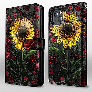 Shields Up for iPhone 15 Wallet Case, Detachable Magnetic Case Wallet with Card Holder & Strap for Girls/Women, Vegan Leather Floral Cover for iPhone 15 6.1 inch - Rose Flower/Sunflower
