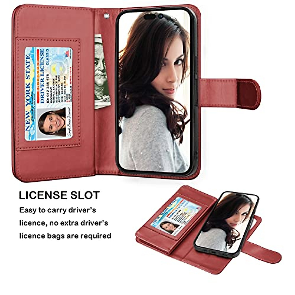 NJJEX Wallet Case for iPhone 14 Pro 6.1" 2022, for iPhone 14 Pro Case, [9 Card Slots] PU Leather ID Credit Holder Folio Flip [Detachable] Kickstand Magnetic Phone Cover & Lanyard [Wine Red]