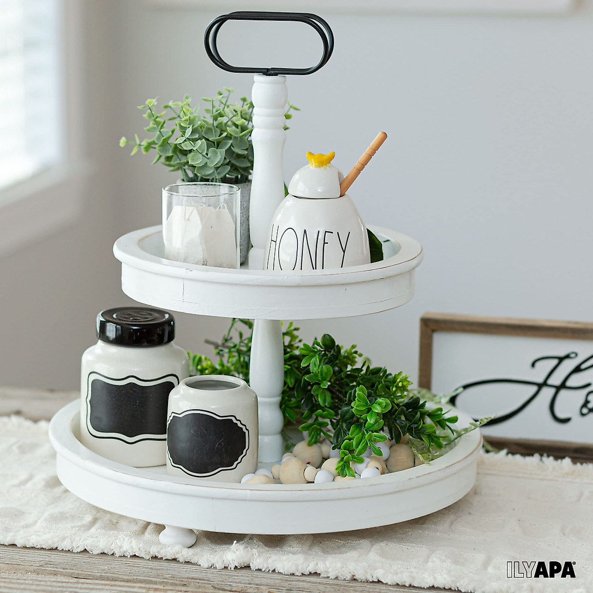 Ilyapa Decorative Farmhouse Tiered Serving Tray Stand - 2 Tier Rustic Wooden Serving Stand with Handle - White, 16 x 14.5 x 14.5