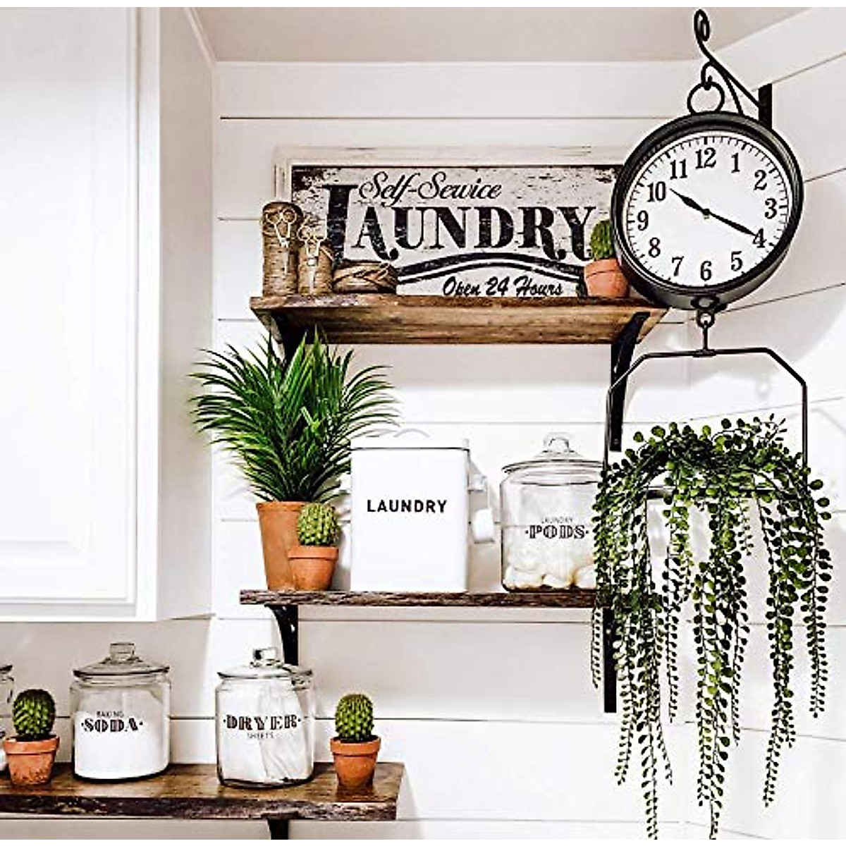 Metal Laundry Room Container - Modern Farmhouse White Detergent Powder Storage, Organization, and Decor Display Canister Box