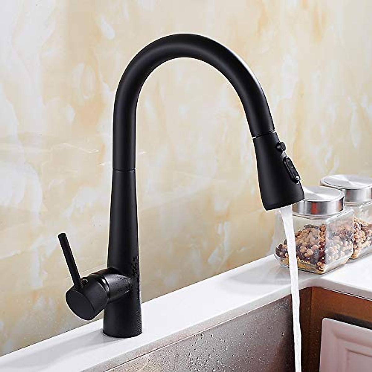 Kitchen Sink Faucet for Bar Farmhouse Commercial, Pull Out Kitchen Tap, Single Handle Kitchen Faucet Mixer, Single Hole 360 Rotate Copper Chrome/Black Swivel Sink Mixer Tap (Color : Black)