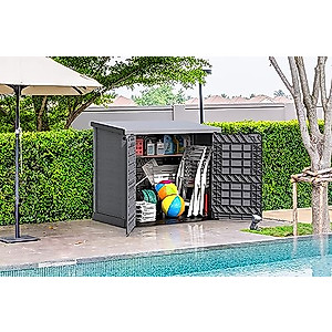 Duramax Cedargrain StoreAway 1200L Plastic Garden Storage Shed/Flat Lid - Outdoor Storage Bike Shed – Durable & Strong Construction– Ideal for Tools, Bikes, BBQs & 2X 240L Bins, 145x85x125 cm, Grey