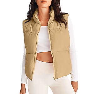 MEROKEETY Women's Quilted Puffer Vest Lightweight Stand-up Collar Soild Color Warm Outewear, Khaki, Small