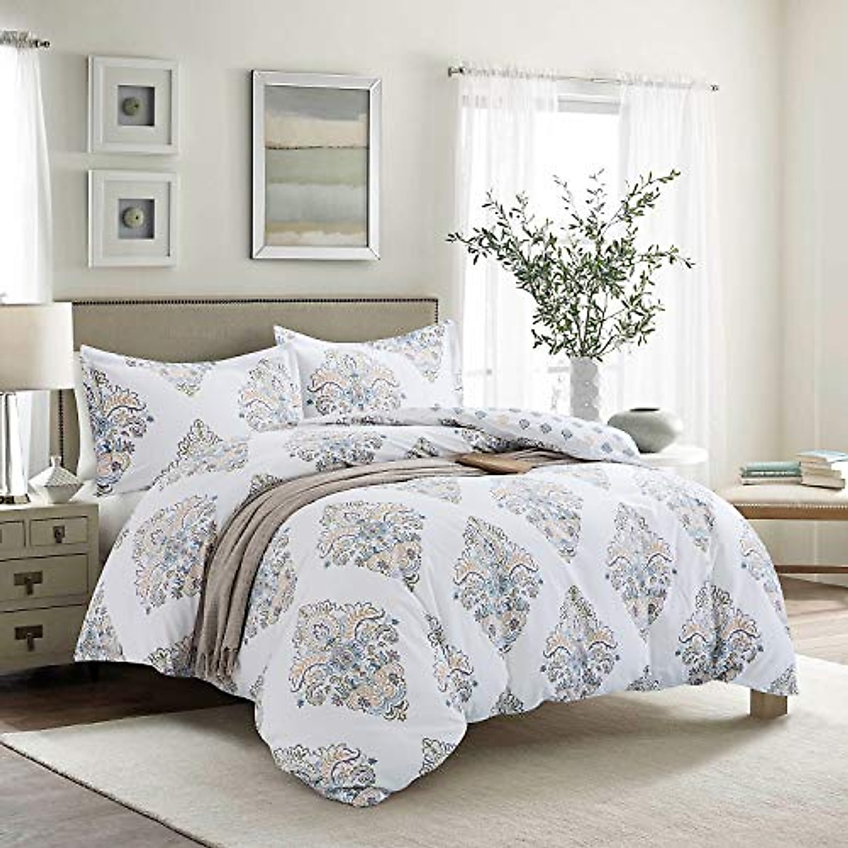 JUCFHY Queen Size Hotel Collections Super Soft Egyptian Cotton 3 Piece Modern Bedding Medallion Damask Duvet Cover Set-1000-Thread-Count Bedding Set 1 Duvet Cover and 2 Pillow Shams