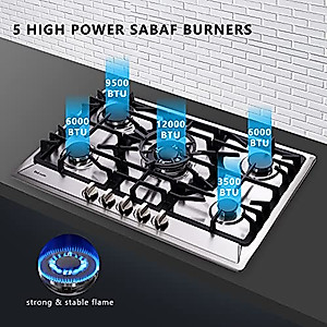 30 Inch Gas Cooktop, Built-in Stainless Steel 5 Burners Gas Stovetop LPG/NG Convertible Gas Stove Top Dual Fuel Gas Hob DM527-SC02