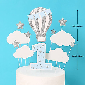 Kawailay 1st Boy Birthday Cake Topper Set Glitter Happy Birthday Cake Banner Flag First Birthday Cake Topper with Hot Air Balloon Clouds Stars for Baby Shower Boy s Birthday Party Supplies - Blue