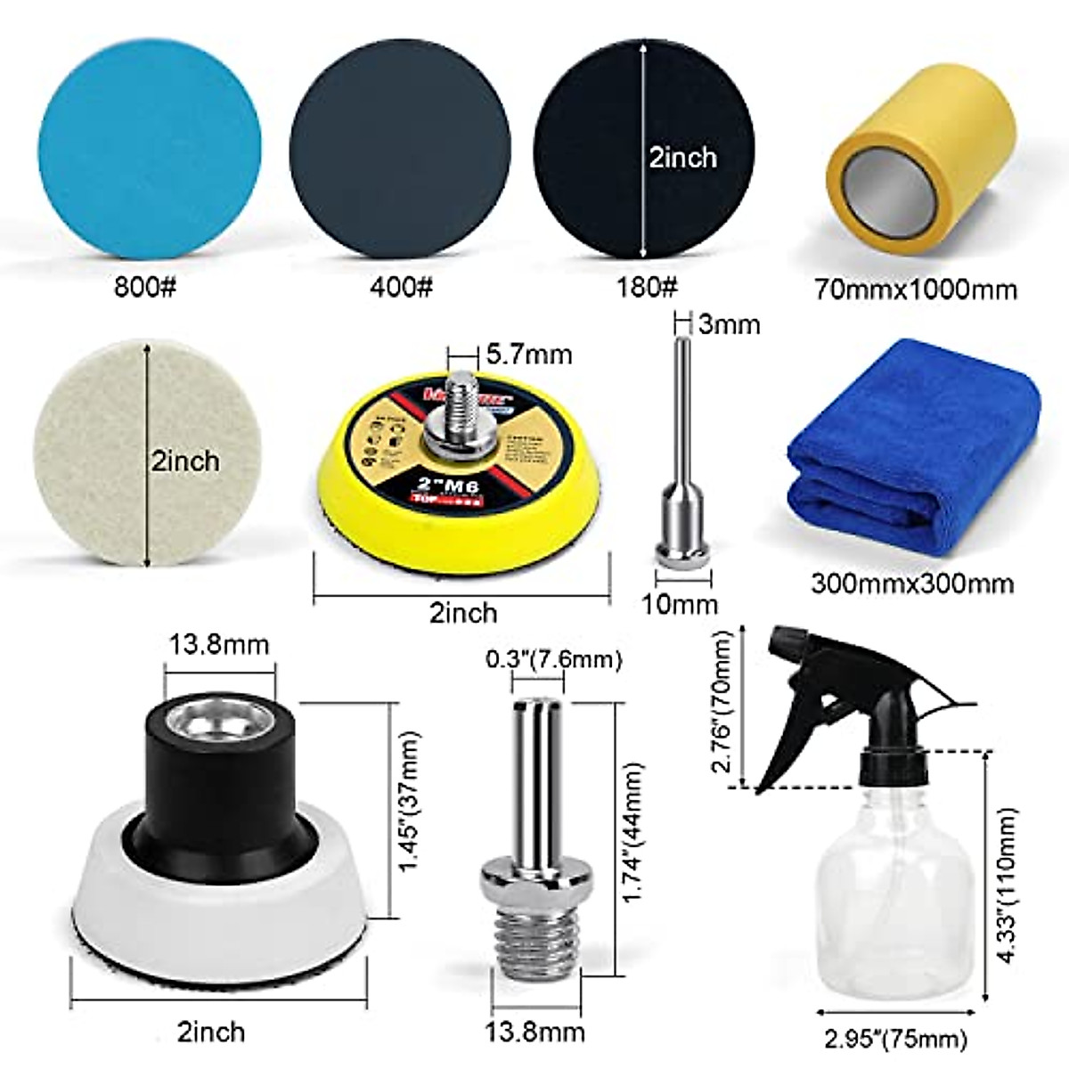 POLIWELL 2 Inch Glass Polishing Kit, 15pcs Car Glass Polish Pad Scratch Removal Kit, Wool Felt Polishing Pads Polishing Sanding Discs with M14 & M6 Drill Adapter for Automotive Polish Glass and Metal