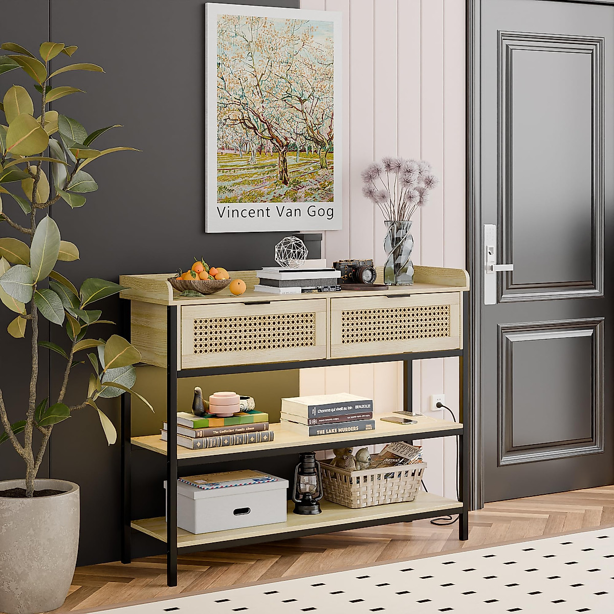Rattan Console Table Boho Entryway Table Narrow Long Sofa Table Hallway Foyer Table Behind Couch Table with 2 Drawers and Sockets Storage Shelf LED Lights for Living Room and Corridor (Wood)