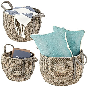 mDesign Round Braided Seagrass Woven Storage Basket with Jute Handles - Rope Weave Circle-Shaped Basket Bin for Shoe Storage in Entryway, Organizing Playroom Toys, and Laundry - Set of 3 - Gray Wash