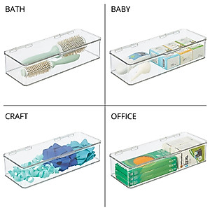 mDesign Plastic Playroom and Gaming Storage Organizer Box Containers with Hinged Lid for Shelves or Cubbies, Holds Small Toys, Building Blocks, Puzzles, Markers, Controllers, or Crayons, 4 Pack, Clear
