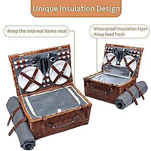 Picnic Baskets for 4 Persons Retro Classic Willow Hamper Set with Waterproof Blanket for Camping &Outdoor Party (Retro Style)