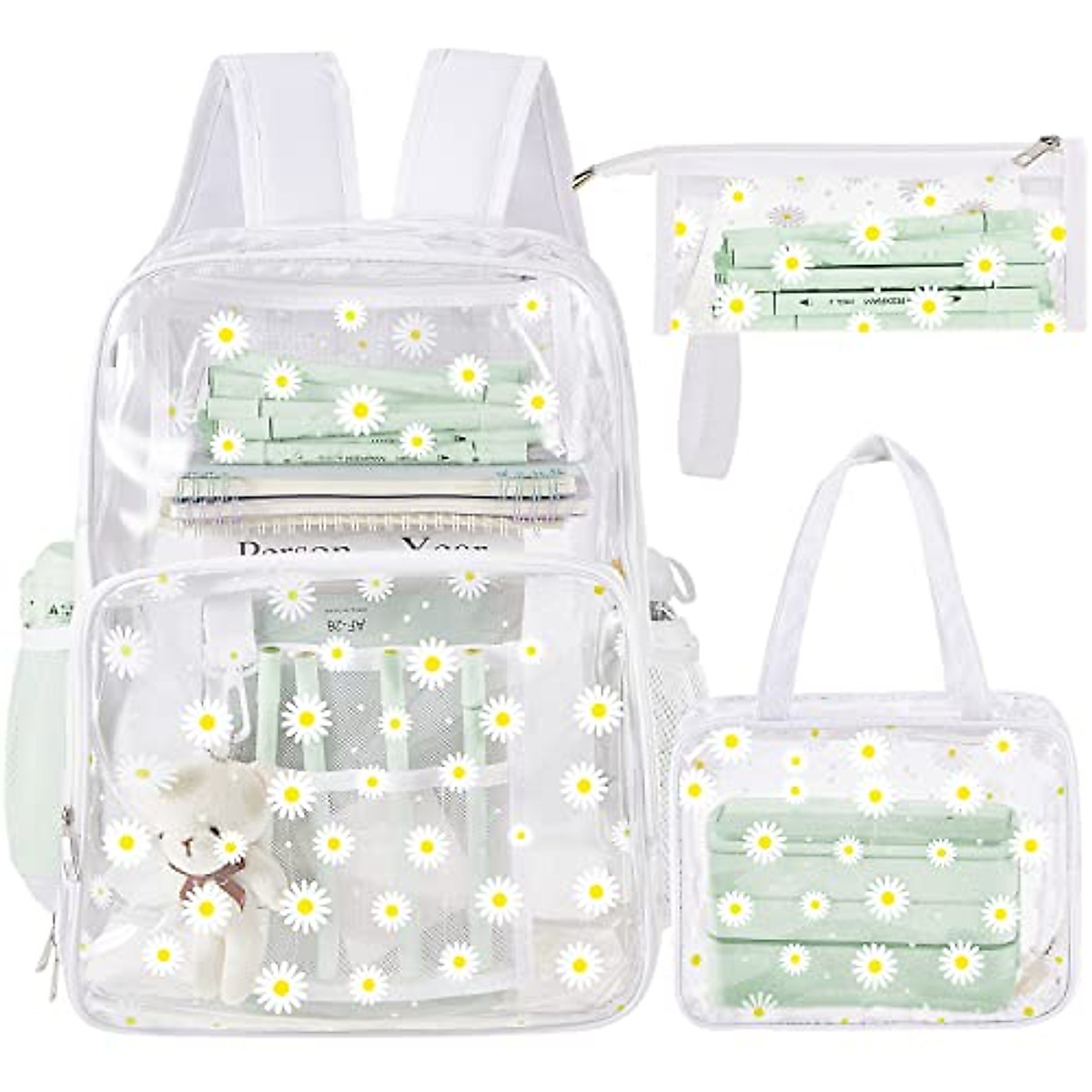 Eccliy Clear Backpack Stadium Approved Backpack 3 School Backpack for Girls Boys Christmas Clear (White, Daisy)