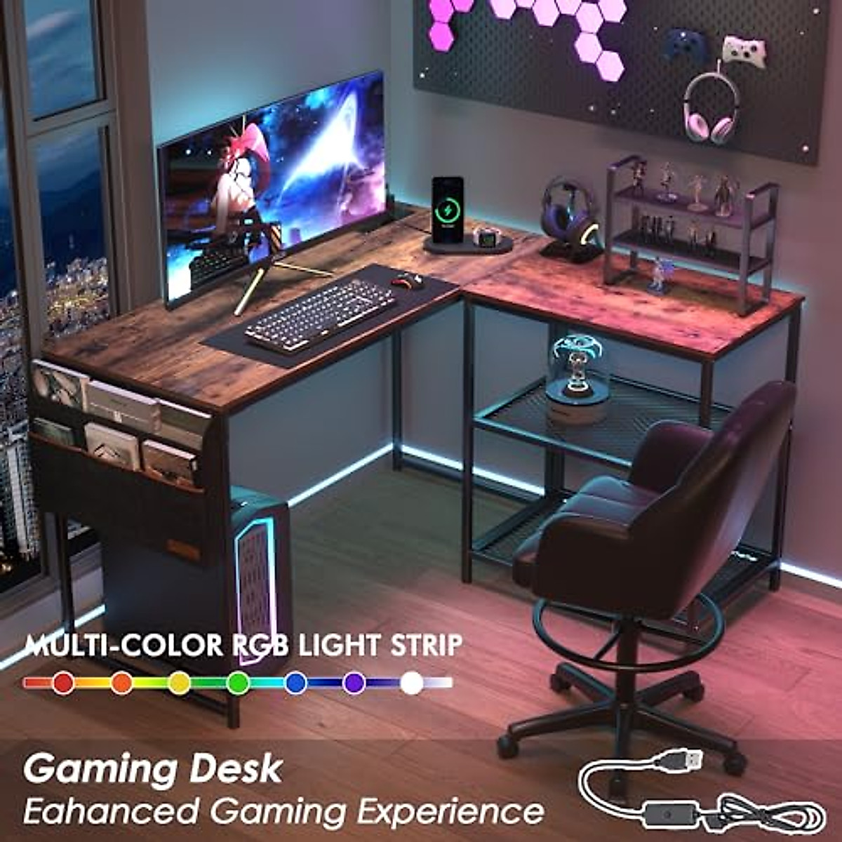 VECELO L Shaped Computer Desk 49 Inch Writing Study Corner Gaming Table with Storage Shelves and Side Bag, for Home Office Workstation
