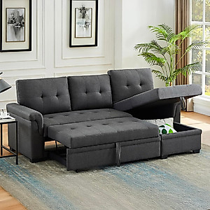 Lilola Home Lucca Dark Gray Linen Reversible Sleeper Sectional Sofa with Storage Chaise
