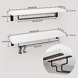 Afuly Wine Rack Wall with Glass Holder, 20 inch Long White Floating Shelf Wall Mounted for Stemware Liquor Bottles, Bathroom Wall Shelves with Towel Bar, Coffee Bar Shelves with 8 Hooks, Set of 2