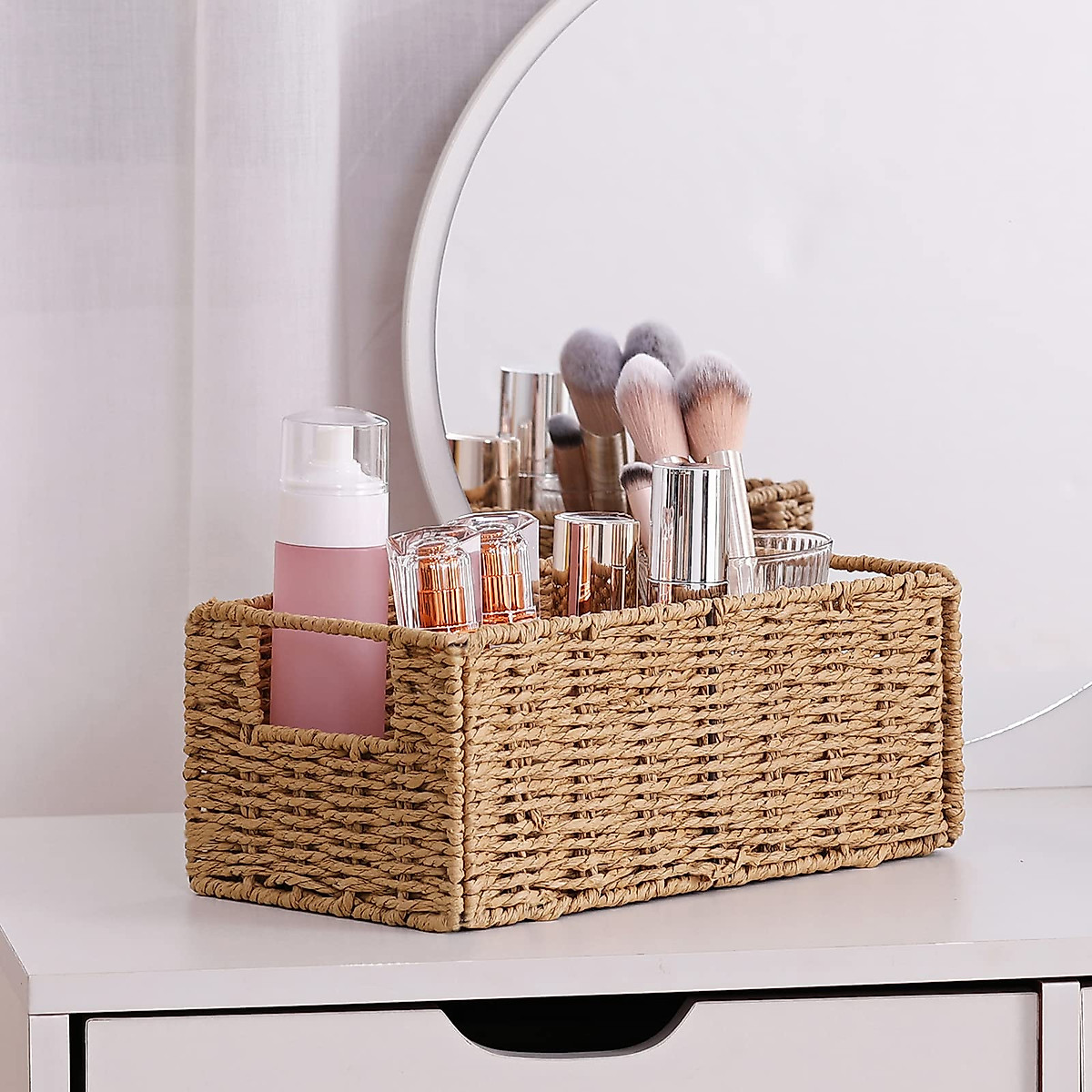 Vagusicc Wicker Storage Basket, Set of 2 Hand-Woven Paper Rope Small Storage Organizer Baskets Bins with Handles, Toilet Paper Baskets Small Wicker Baskets for Organizing Toilet Shelves, Natural