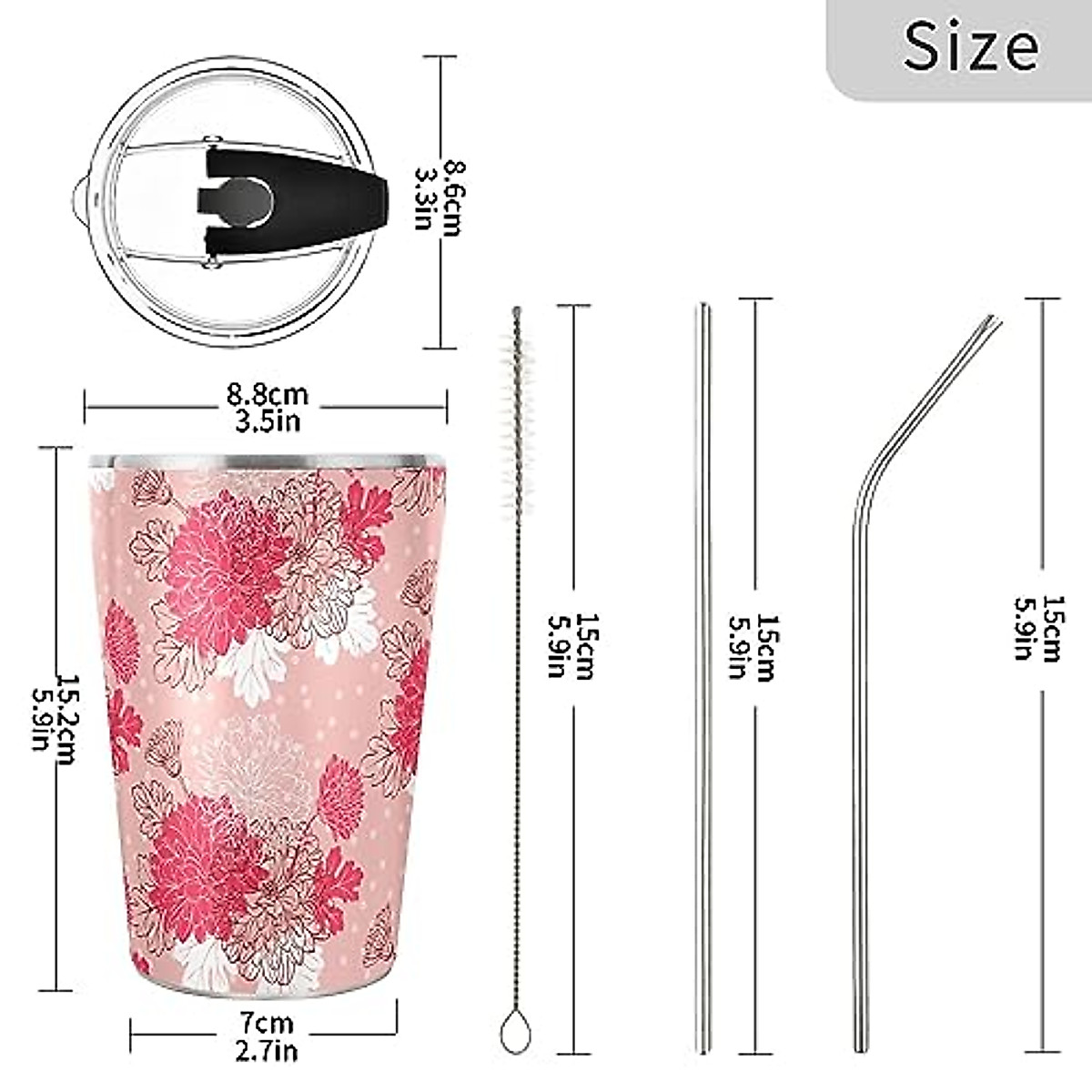 Jihqo Beautiful Floral Pattern Tumbler with Lid and Straw, Insulated Stainless Steel Tumbler Cup, Double Walled Travel Coffee Mug Thermal Vacuum Cups for Hot & Cold Drinks 12oz
