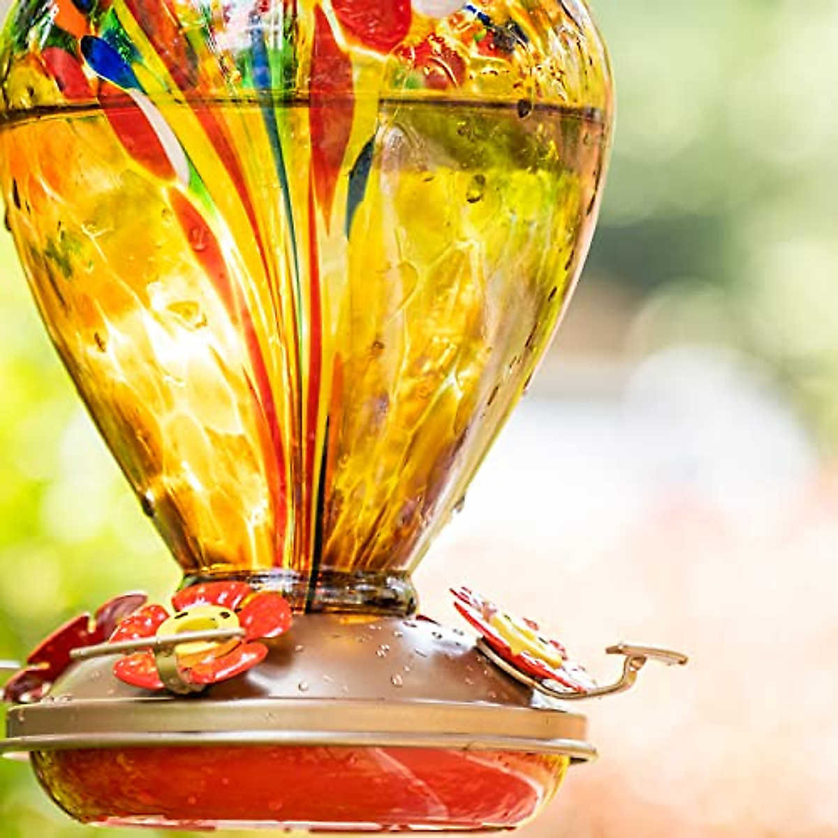 LaElvish Garden Hummingbird Feeder, 34OZ Hand Blown Glass Hummingbird Feeders for Outdoors Hanging, 4 Feeding Perch with Ant Moat Leakproof, Garden Yard Decor Gifts for Women Mom (Golden Balloon)