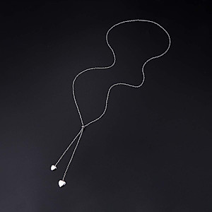 FLYOW Long Chain Dainty Necklace Simple Style 925 Sterling Silver Heart Pendant Adjustable Y Shaped Necklace Jewelry (Two heart)