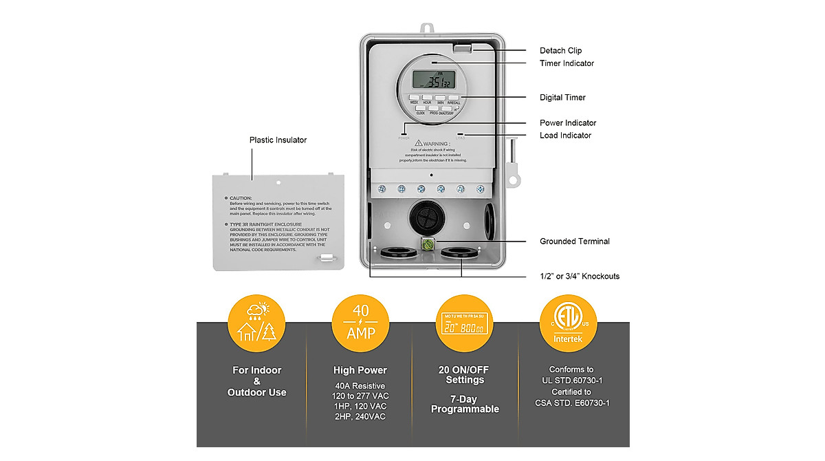 Suraielec 7-Day Programmable Pool Timer - 40 AMP Switch