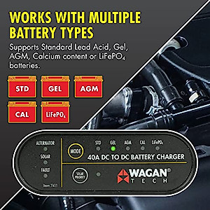 Wagan EL7411 12V 40A DC to DC Battery Charger with Solar Input MPPT Controller for SLA, Flooded, Gel, AGM, Calcium and Lithium, Using Multi-Stage Charging in RVs, Vehicles, Boats and Yachts