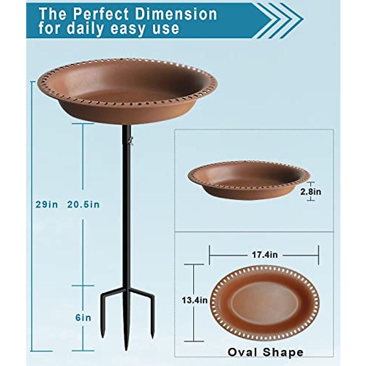 Koutemie 1-¼ Gallon Detachable Free Standing Garden Bird Bath Bird Feeder Bowl with Metal Stake for Outdoor, Bird Friendly Color - Deep Brown, 29 Inch