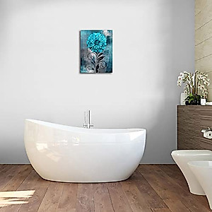 NINEASO Abstract Flowers Wall Art Teal Flower Canvas Pictures Rustic Blossom Canvas Painting for Bedroom Bathroom Wall Decor Modern Teal Grey Canvas Prints Contemporary Botanical Wall Art 12" x 16"