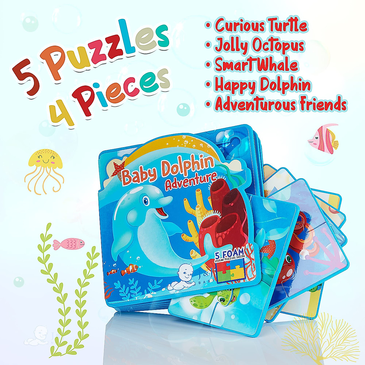 J&J Baby Toddler Puzzles - 5x4-Pieces Dolphin Adventure Soft Jigsaw Puzzles for Toddlers - Set of 5 Educational Learning Puzzles Book for Kids 2-3 Years Old