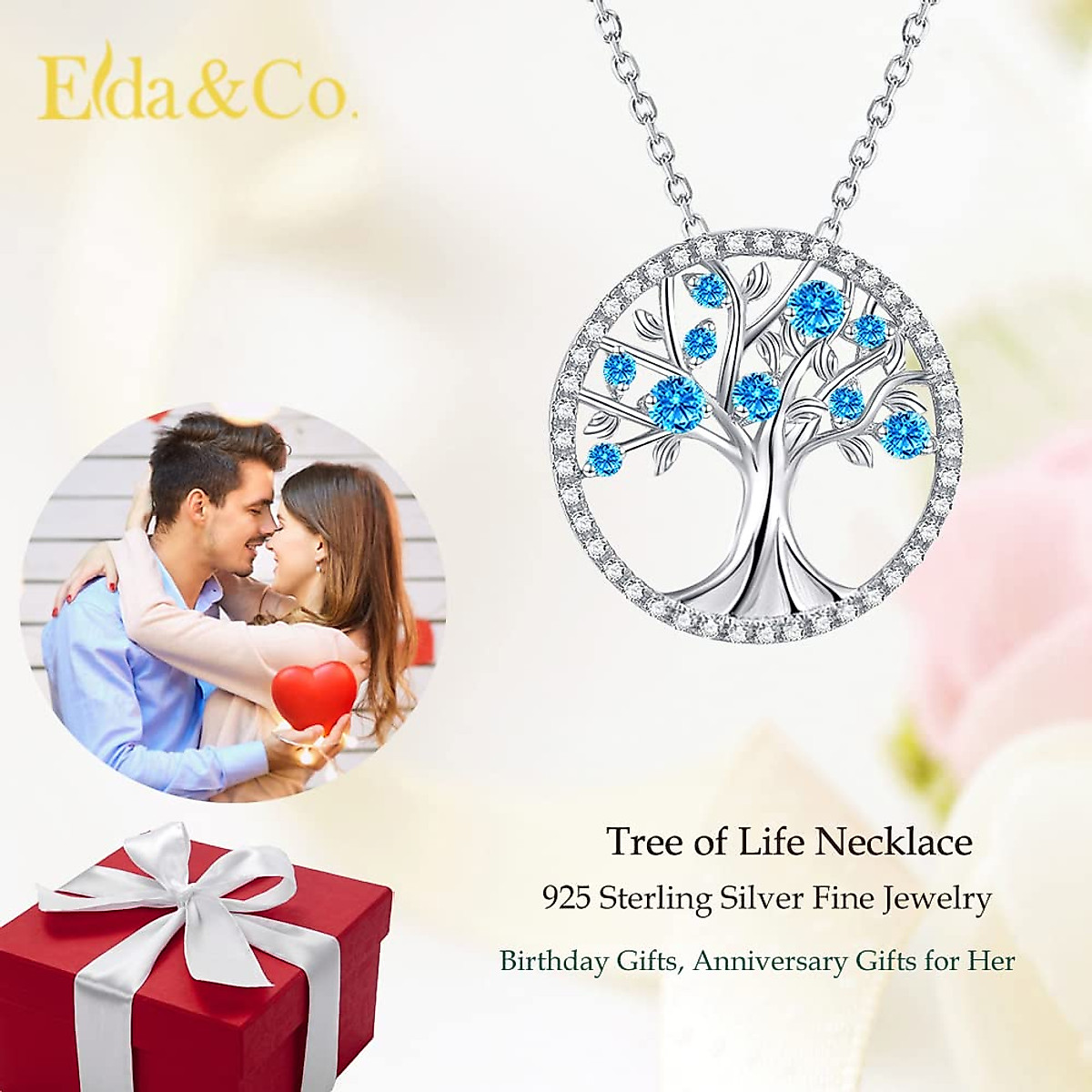 Birthday Gifts for Wife Mom Tree of Life Necklace March Birthstone Aquamarine Jewelry for Her Sterling Silver Necklace