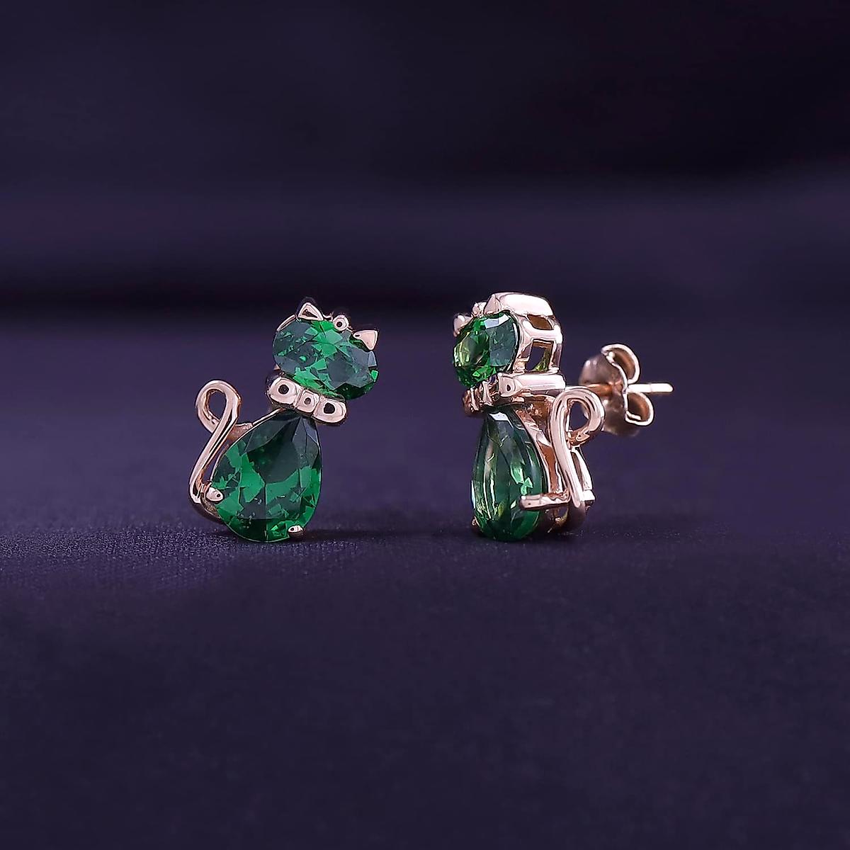 Mother's Day Jewelry Gift Pear & Oval Shape Simulated Emerald Cute Animal Kitty Cat Stud Earrings In 14k Rose Gold Over Sterling Silver