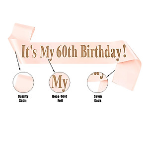 60th Birthday Headband and Sash,It's My Birthday Crystal Crown and Satin Sash for Women Birthday Party Supplies Decoration Rhinestone Birthday Crown and Glitter Sash (Rose Gold)