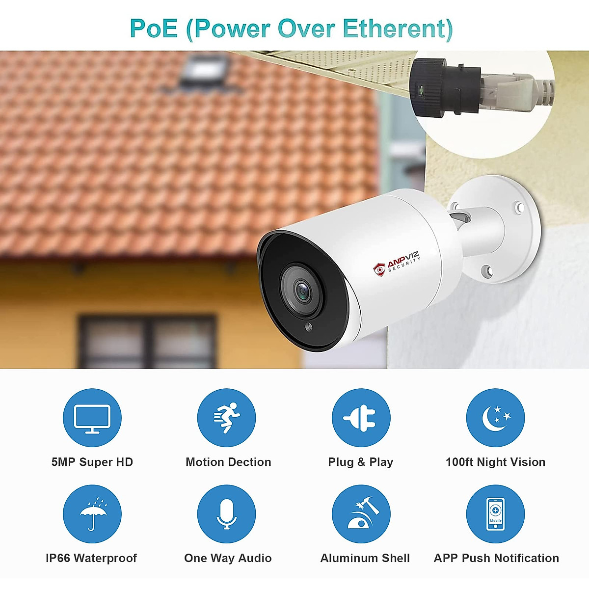 Anpviz 5MP Bullet POE IP Camera with Mic/Audio, 2.8mm Lens Security Camera for Outdoor Indoor, Human & Motion Detection, 98ft IR Night Vision, Up to 256GB MicroSD for 24/7 Recording (U Series)