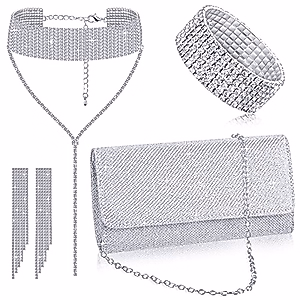 4 Pcs Rhinestone Clutch Purses Jewelry for Women, Silver Bride Purse Crystal Statement Necklace Dangle Earrings Bracelet (Chain Style)