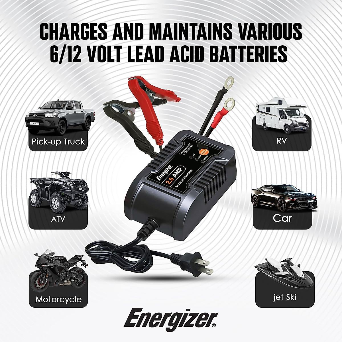 Energizer 2-Amp Battery Charger/Maintainer, 9-Step Smart Battery Car Charger, LCD Display, 6V/12V Voltage Detection for Auto, Motorcycle, RV, Boat,SUV