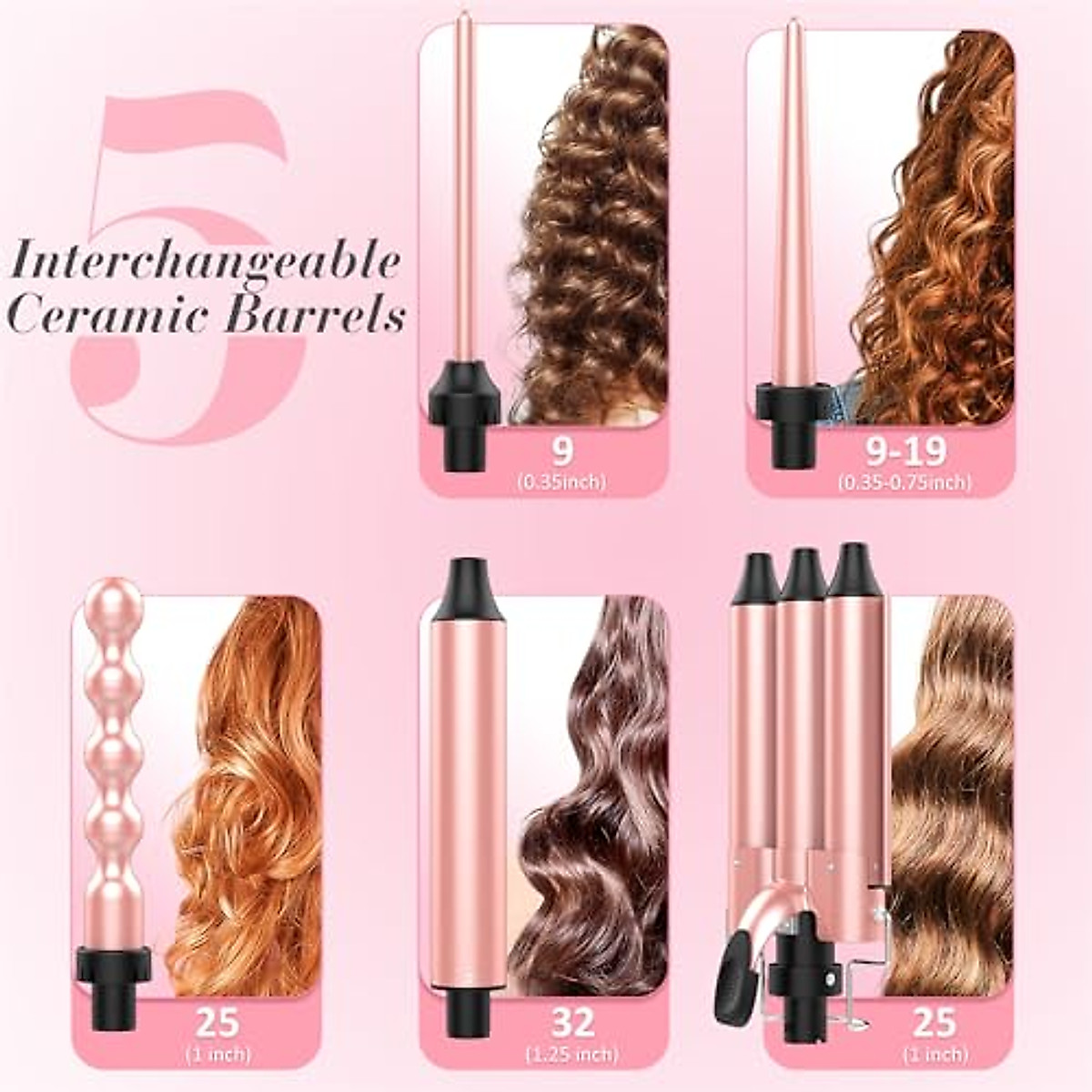 Wand Curling Iron, Curling Wand Set, MOCEMTRY Professional 5 in 1 Hair Curling Hair Iron with Interchangeable Barrels, Instant Heating & Adjustable Temperature, Gift for Women