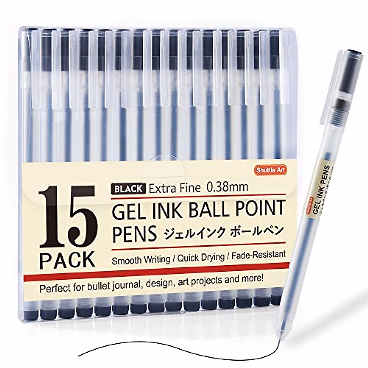Shuttle Art Gel Ink Ball Point Pens, 15 Pack Black Japanese Style Pens, 0.38mm Extra-Fine Ballpoint Pens for Home, School and Office