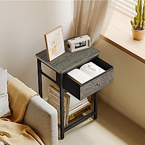 Fixwal Gray Nightstand with Drawer, Fabric Bedside Table Organizer with 2 Levels of Storage, End Table for Living Room, Bedside Table Bedroom Furniture, Greige