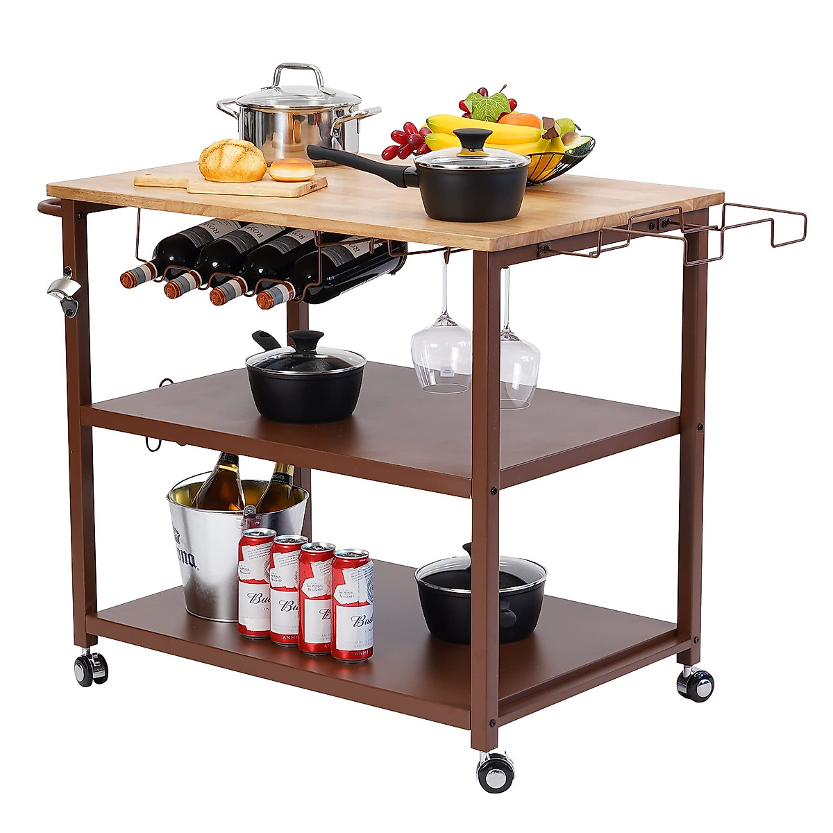 kognita Pizza Oven Table 35.5" Outdoor Grill Table with 4 Wheels, Rubberwood Outdoor Bar Cart Dining Prep Table with Wine and Glasses Rack,Garbage Bag Holder,Bottle Opener and Gas Tank Hook
