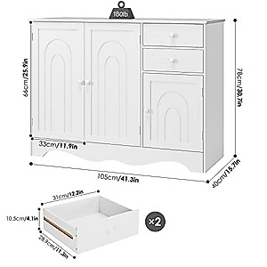 HORSTORS White Sideboard Buffet Cabinet with Storage, Kitchen Buffet Storage Cabinet with 2 Drawers & 3 Doors, Wood Coffee Bar Buffet Table Console Cabinet for Kitchen, Dining Room, White