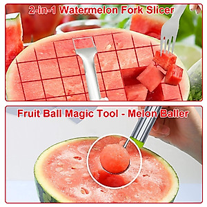 2-in-1 Stainless Steel Watermelon Fruit Cutter Slicer Tool and Melon Baller Scoop Fruit Ball Cutter Set, 2024 New Dual Head Fork Knife Melon Cutter Cutting Tool, for Home Kitchen Gadget (2 Pcs)