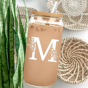 Personalized Tumbler, Monogrammed Can Glass Cups with Bamboo Lids and Straws, Customized Gifts for Women, Cute Design Initial Iced Coffee glasses, Custom Letter Mug, Birthday Bridesmaid, A